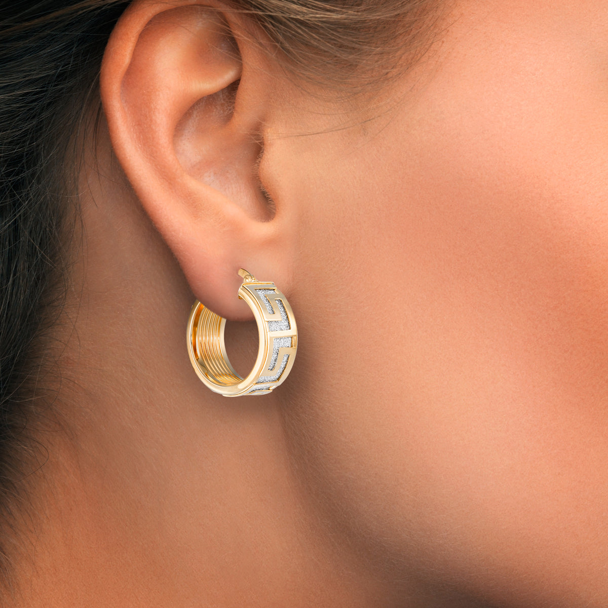 14K Gold Bold Greek Key Band Hoop with Glitter Inlays, Made in Italy ...