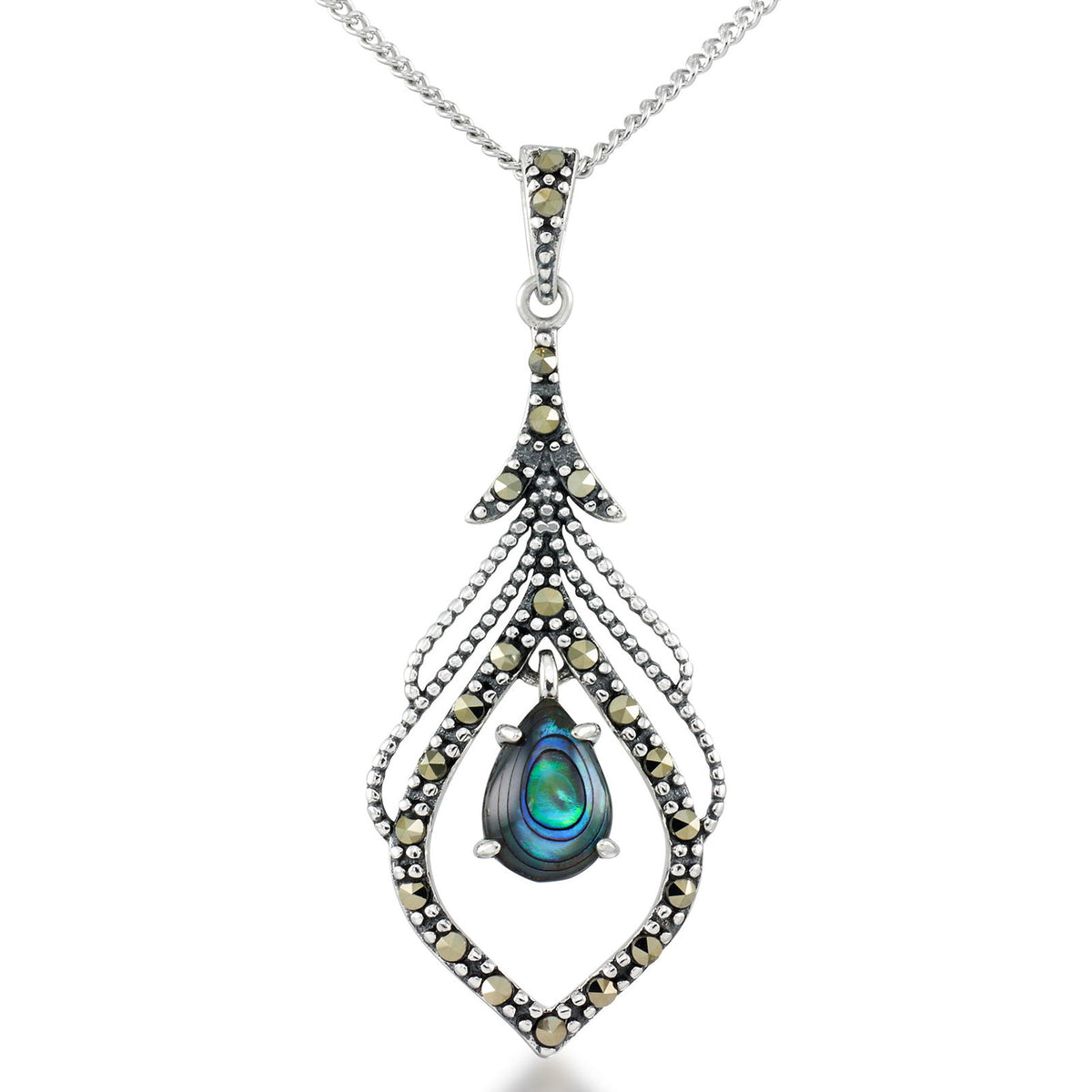 Tori Hill® Genuine Abalone and Marcasite Peacock Feather Pendant 18 ...