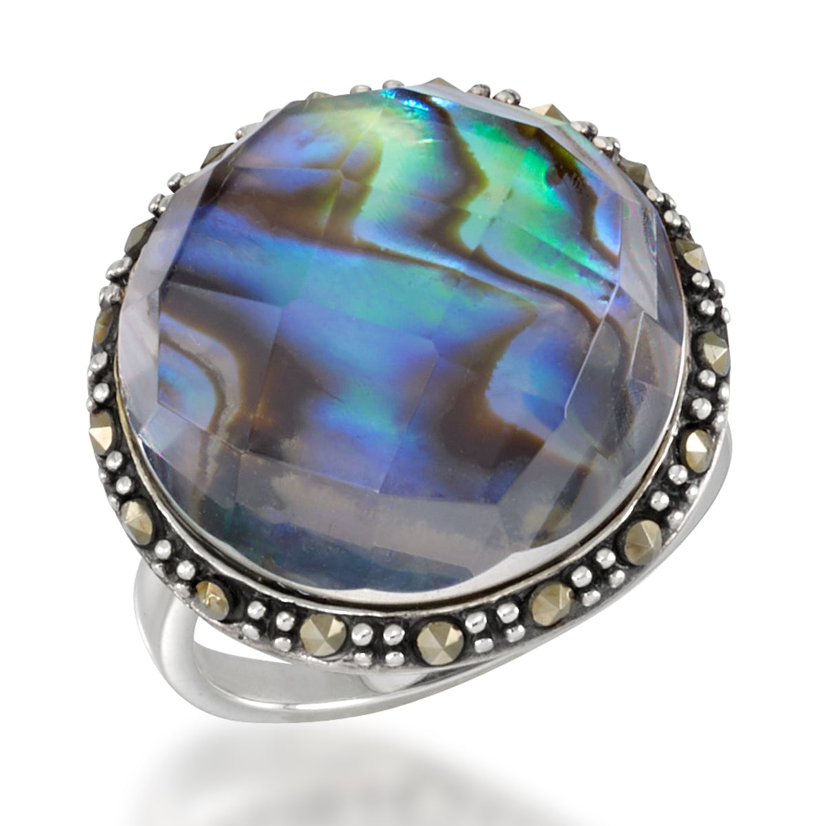 Tori Hill® Genuine Marcasite and Abalone Doublet Large Round Halo Ring ...