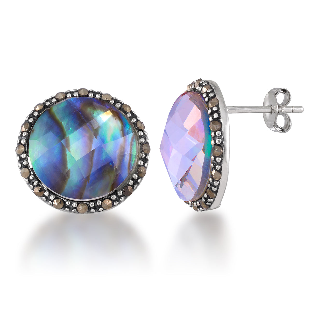 Tori Hill® Genuine Marcasite and Abalone Doublet Round Halo Stud Earri ...
