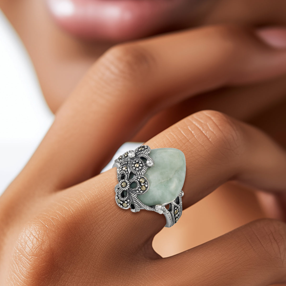 Tori Hill® Genuine Marcasite and Jade Marquise Floral Ring – I Heart Jewels
