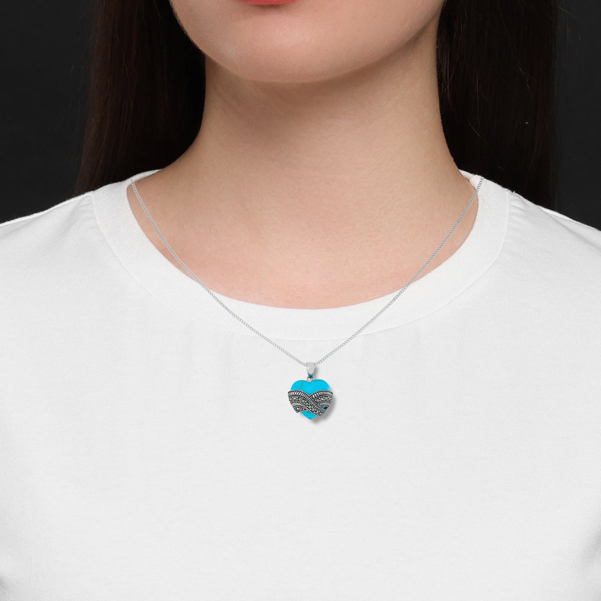 Tori Hill® Genuine Marcasite and Simulated Turquoise Heart Pendant, 18 ...